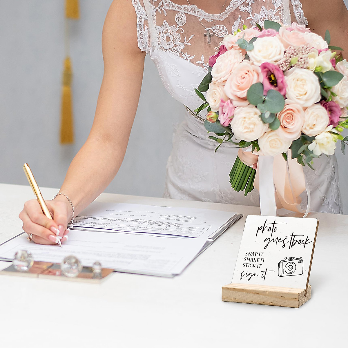 ANIANG Wedding Guest Book Desk Decor, Photo Guest Book Sign Wood Plaque, Wedding Guest Book Sign, Wedding Guest Book Sign Wooden Plaque with Wood Stand for Wedding Reception Table Decor