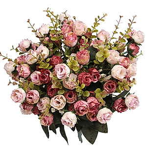 Flojery 21 Heads Silk Rose Bouquet Artificial Flowers Mini Rose for DIY Wedding Bouquets Centerpieces Bridal Shower Party Home Decorations,Pack of 4 （Pink）