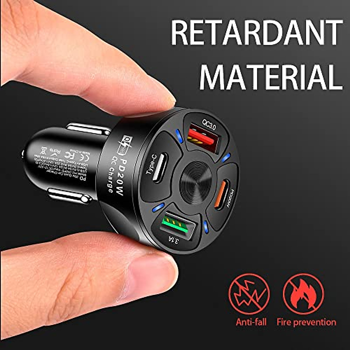 Car Charger Adapter,4 Ports USB Fast Car Charger QC3.0/PD20W/Type-c/2.1A, Smart Shunt Car Phone Charger Compatible iPhone 14 13 12 Pro Max/All Smart Phones (Black)