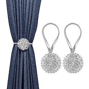 MoKo Crystal Flower Magnetic Curtain Tiebacks, 2 Pack Window Curtain Decorative No Drilling Drapery Holdbacks Flower Curtain Buckle with High-Elastic Spring Wire for Home Office Decor - Silver