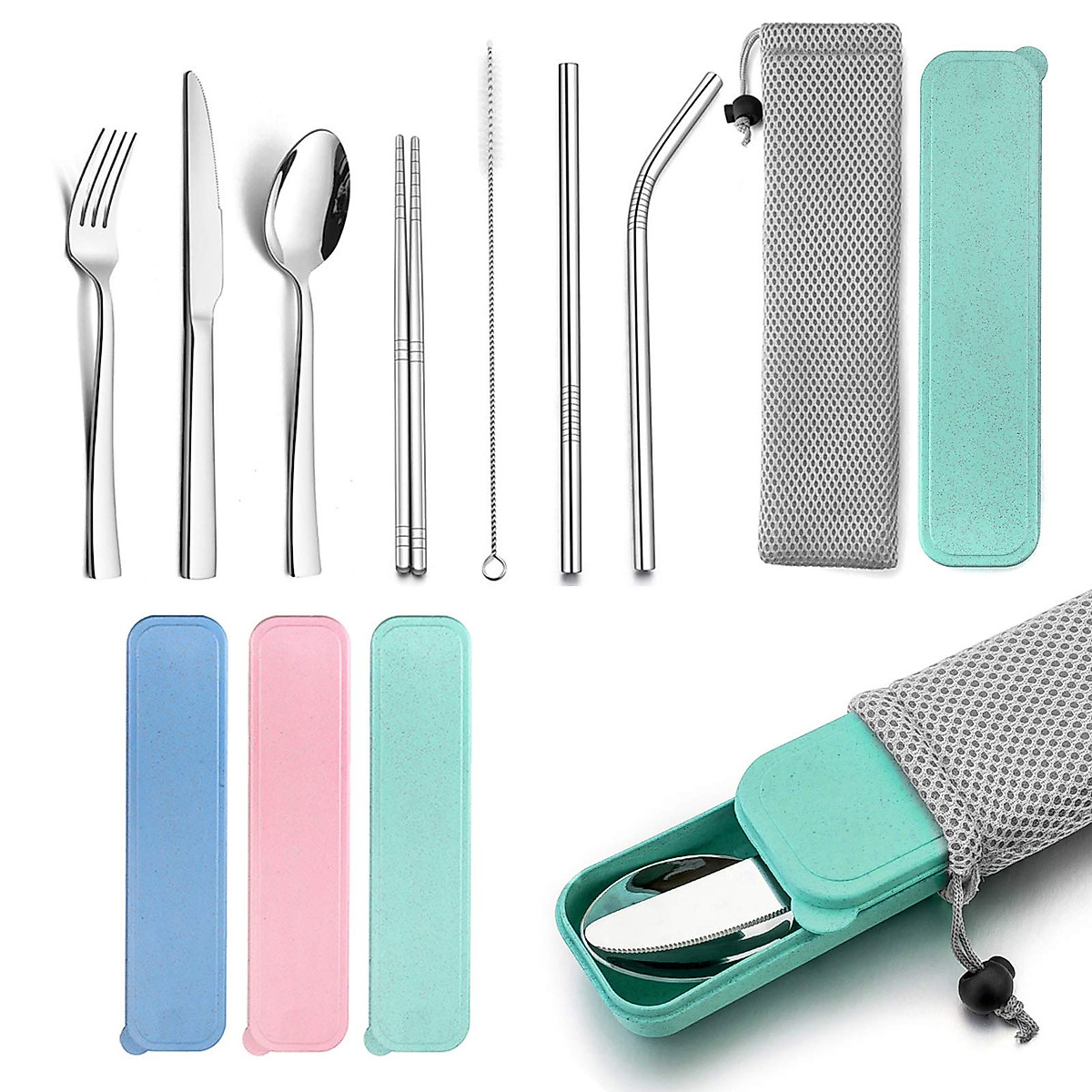HaWare Portable Travel Utensils with Case, Stainless Steel Silverware Set for Camping Office School Lunch, Including Knife Fork Spoon Chopsticks, Reusable and Dishwasher Safe(Green)