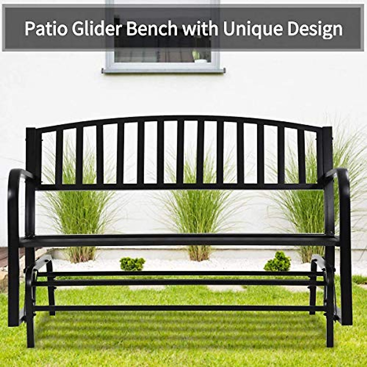 Outdoor Glider Garden Bench, 50" Patio Double Outdoor Swing Rocking Glider w/Durable Metal Cast Iron Porch Glider Seat & Armrests Steel Frame, Garden Glider for Porch, Garden, Sunroom, Backyard, Deck