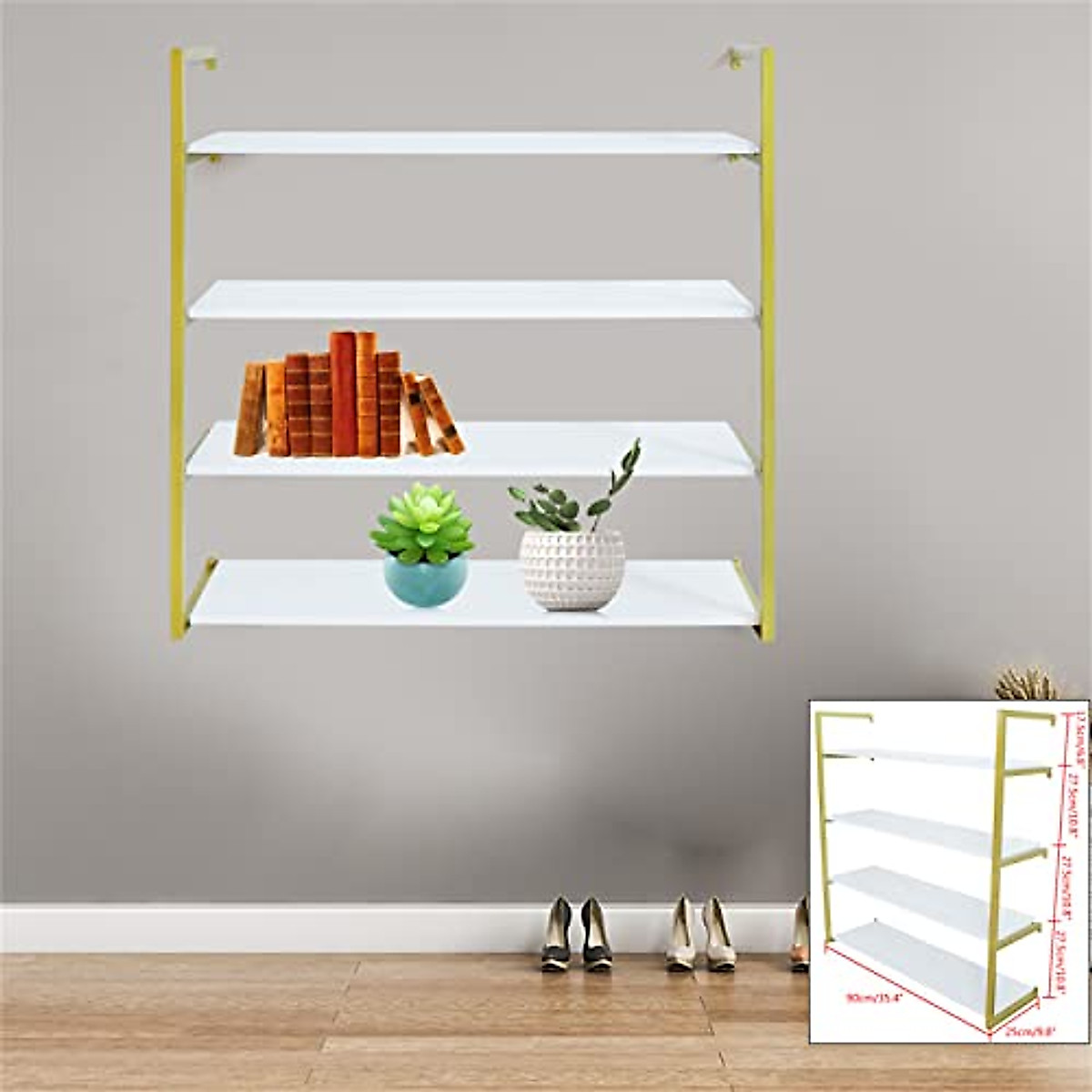 GDAE10 Modern Wall Mounted Shelf Gold Metal Wall Shelf with Wooden Board Floating Storage Rack Wall Mounted Bookshelf Suitable for Living Room Study Bedroom (36 Inch 4 Layer)