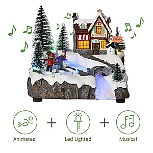 HOMCOM Christmas Village, Rotating Skating Pond Animated Winter Wonderland Set with Multicolored LED Light, Music, Fiber Optic, Battery-Operated Christmas Decoration