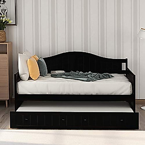 Lepfun Twin Size Wooden Daybed with Trundle, No Box Spring Needed Sofa Bed w/Slats Support, Classic and Simple Platform Bedframe for Bedroom, Living Room, Space Saving Furniture, Espresso