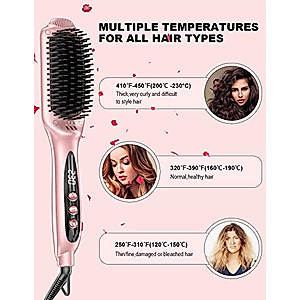 LANDOT Hair Straightener Brush Heated Straightening Brush: Negative Ion Hot Hair Brush for Smooth Frizz-Free Hair - Ceramic Flat Iron Brush - Dual Voltage Fast Heating Rose Gold