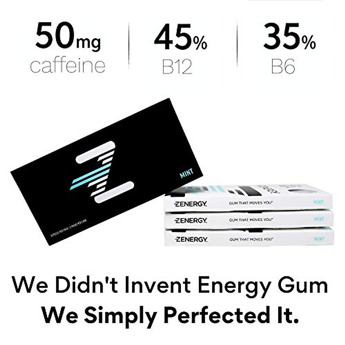 ZENERGY Energy Gum, 50mg of Caffeine Per Piece with B6 and B12 Vitamins, 0 Calories, Sugar and Gluten Free, Non GMO, Vegan and Aspartame Free, Mint Flavour, 8-Count Boxes (Pack of 3)