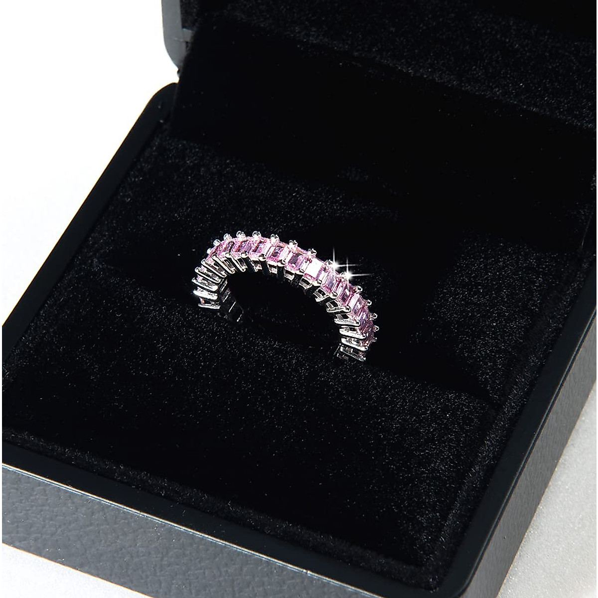 Velamnia Classical Band Ring for Women Gold Plated CZ Statement Ring Engagement Wedding Stackable Rings Eternity Ring (Pink, 7)