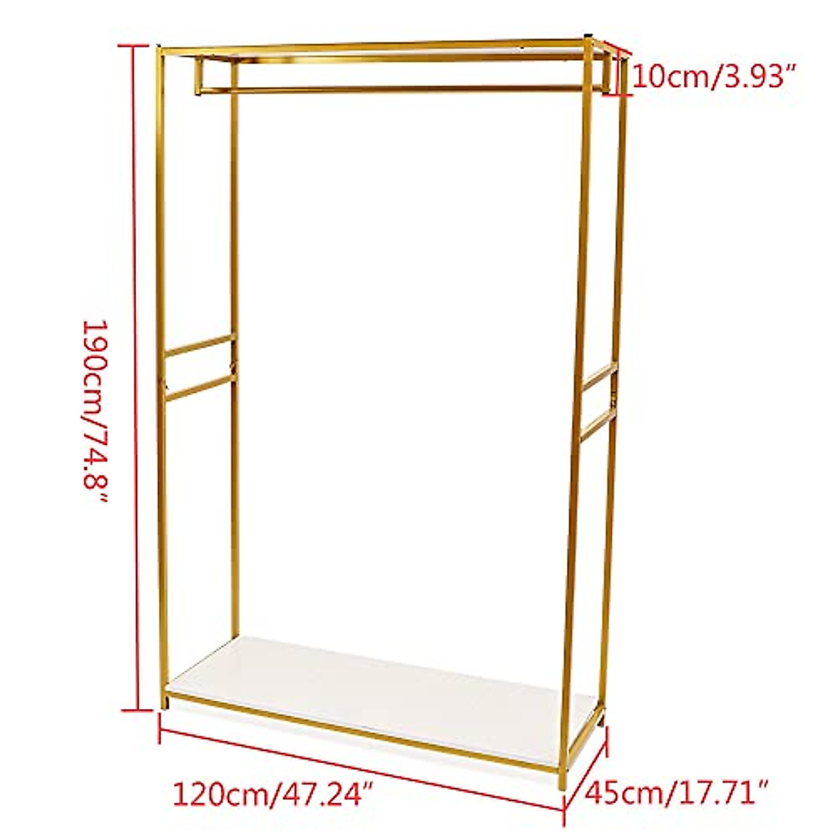 75"Retail Gold Clothing Racks with Shelves,Boutiques Garment Rack Wedding Dress Display Rack Metal Clothes Rack Heavy Duty Commercial Floor Standing Closet Hanging Rod Shoes Bag Clothes Organizer