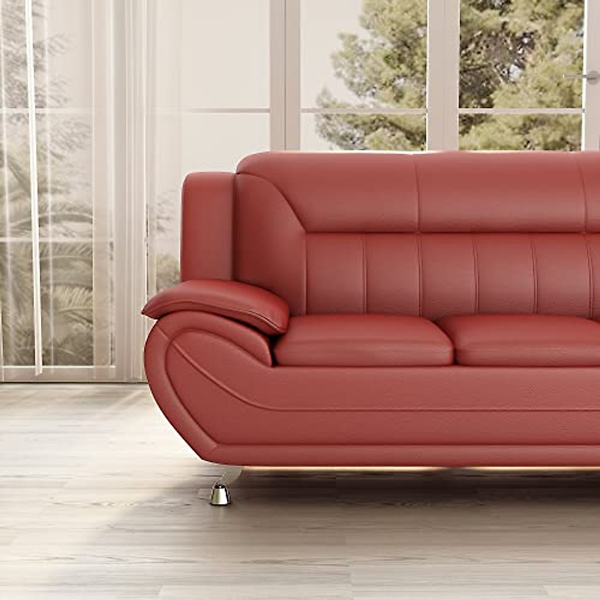 US Pride Furniture Michael Collection Modern Style Faux Leather Couch-Versatile 3 Seater Accent Piece for Living Room, Bedroom or Office-Comfortable Design and Elegant Look, 79" Sofa, Coral Red