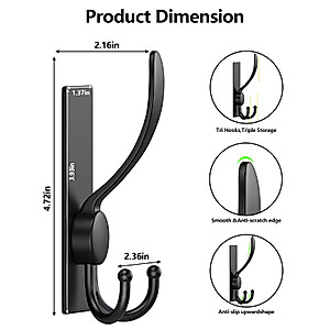 VINHOLD Self-Adhesive Coat Hooks with Tri Hooks, Metal Wall Mounted Towel Hooks for hanging towels, coats, hats, pans, Utility Hooks for bathrooms, bedrooms,kitchens(2 pack，Black)