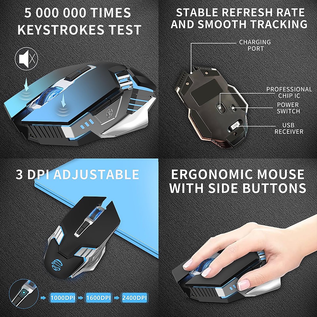 Bluetooth Mouse Rechargeable, Wireless Gaming Mouse Multi Device(BT5.0/3.0+2.4G) with Side Buttons, USB Receiver, RGB Backlit, Cordless Computer Mice for Laptop, Windows PC Mac Tablet(Black-Mute)