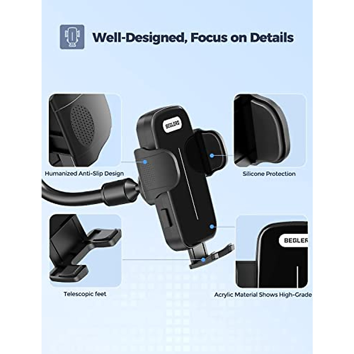 Car Cell Phone Holder Mount, 2 in 1 Dashboard Windshield Phone Mount for Car with Stabilizer, Car Phone Mount Windshield with Super Sticky Gel Suction Cup, iPhone Holder for Car Fit for All Phones