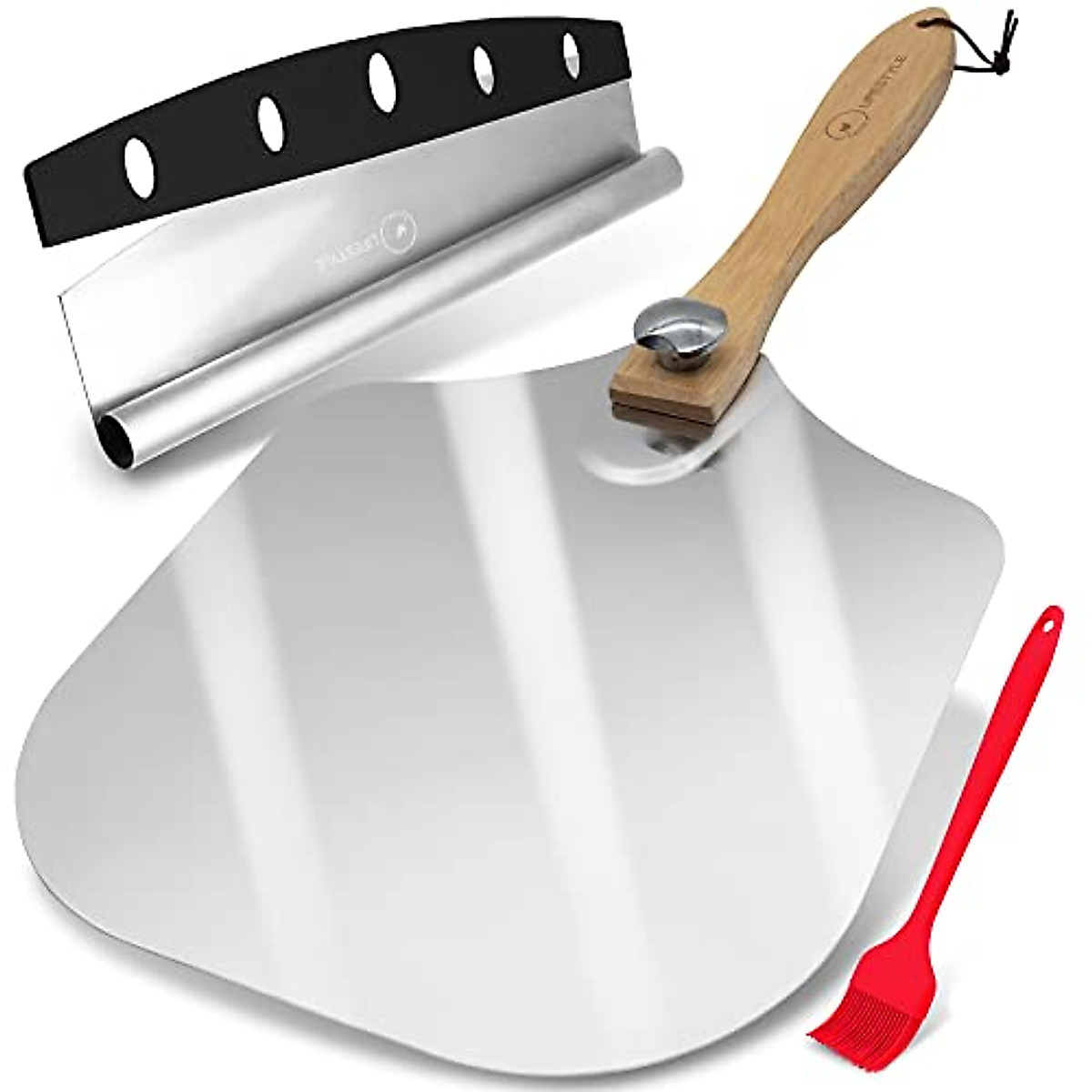 Ignite Lifestyle Pizza Peel Set - Pizza Spatula 12"x14" + Pizza Rocker Cutter + Pastry Brush - Aluminum Metal Pizza Peel 12 Inch w/Foldable Wood Handle for Easy Storage-Homemade for Pizza/Baking/Bread