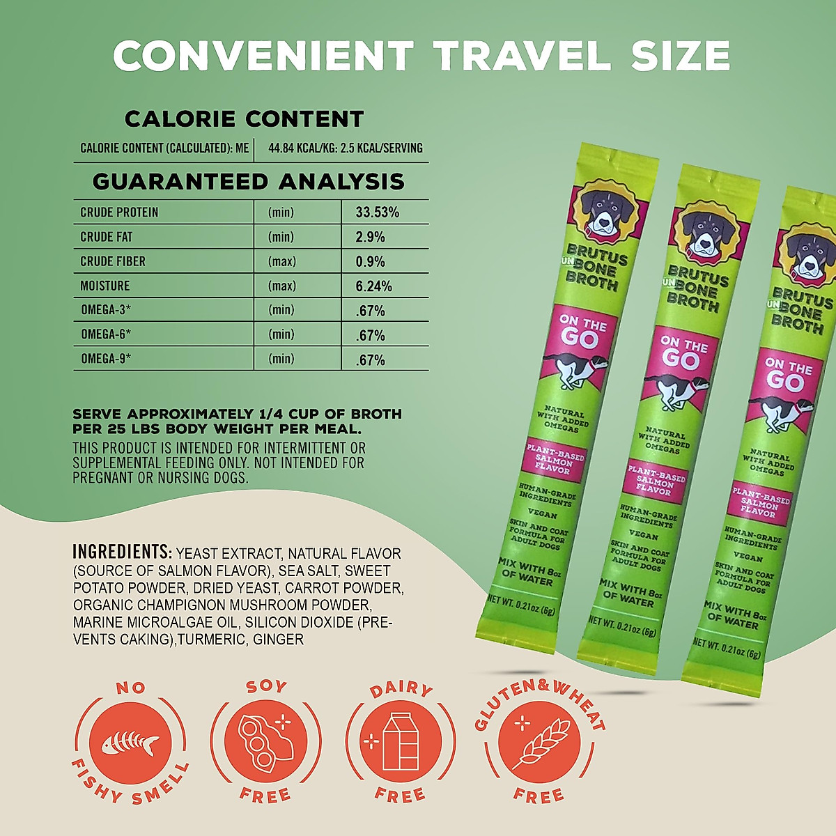 Brutus Broth Instant On The Go Vegetable Powder for Dogs - Vegetable Powder with Omegas 3, 6 & 9 & Turmeric - Human Grade Dog Food Toppers for Dry Food & Picky Eaters - 10 Stick (Salmon Flavor)