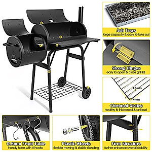 Barrel Charcoal Grill with Offset Smoker, HaSteeL Outdoor BBQ Grill Set of 15, Large Camping Grill for Patio Backyard Garden Smoking Barbecue, Grill Cover, Spatula, Tong, Brush, Fork, Carrying Bag