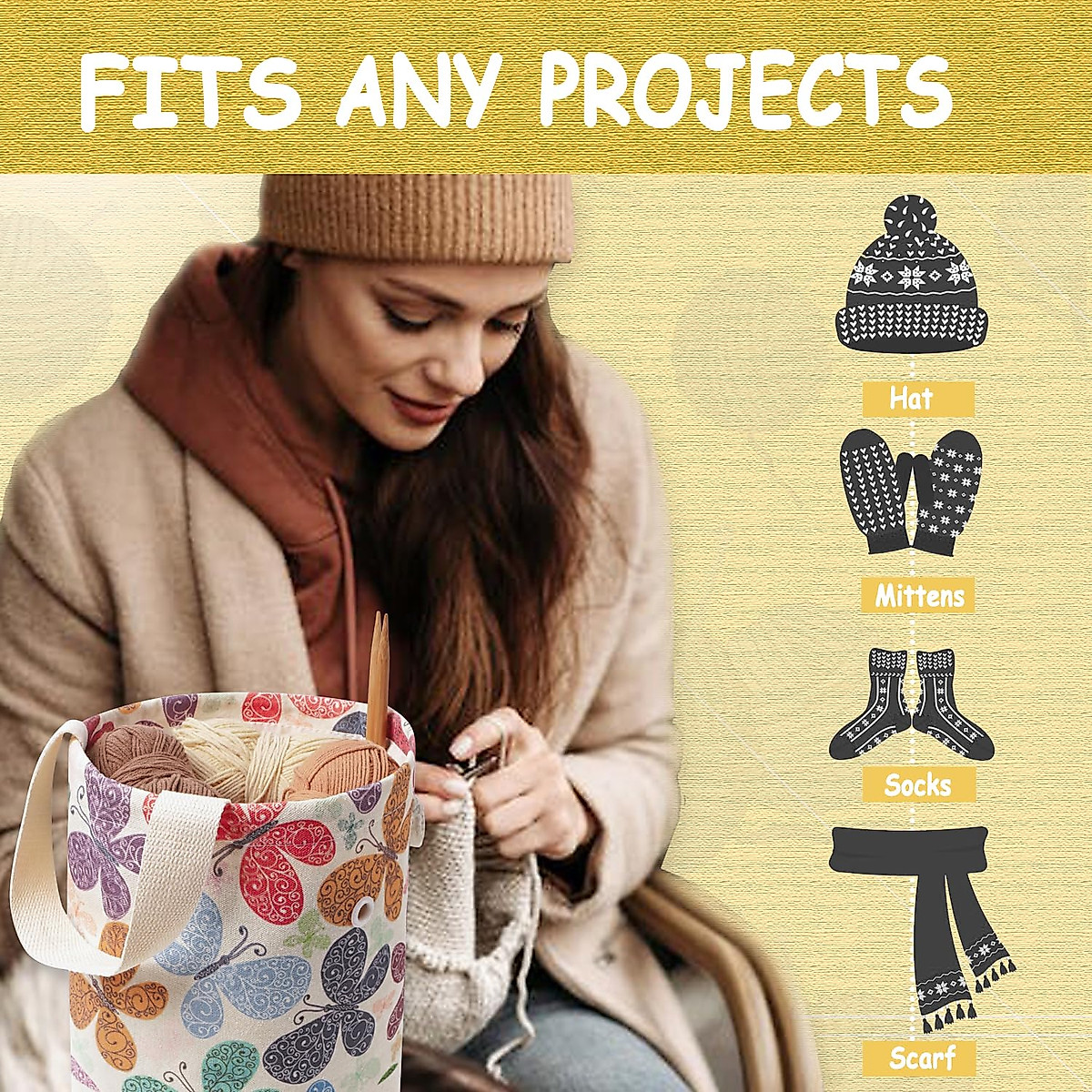 TOGETRUE Yarn Bag, Knitting Crochet Bag, Portable Yarn Storage Bags Organizer for Crocheting Project, Store Skein Ball, Short Knitting Needle (Large, Butterfly)