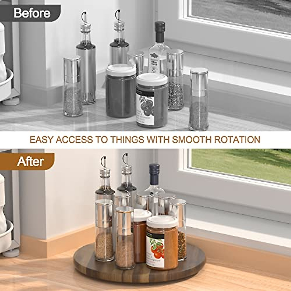 Lazy Susan Kitchen Cabinet Organizers - 13.2 Inch Acacia Wood Lazy Susan Turntable Organizer for Pantry Table Countertop Bathroom Organization and Storage, Non-Skid, Strong Kitchen Accessories