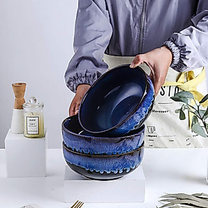 KOOV 58 oz Salad Bowls, Ceramic Bowl Set, Stackable Soup Bowls, Large Bowls, Reactive Glaze Set of 3 (Nebule Aegean)