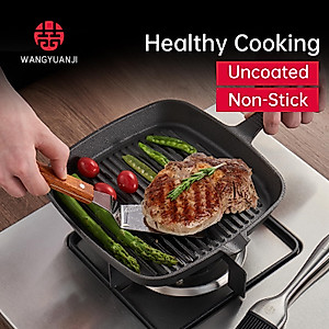 WANGYUANJI Cast Iron Grill Pan,Square Nonstick Grill Pan with Spatula and Brush,9Inch Barbecue Pan for Grill,Stove,Oven and Campfire