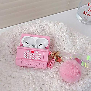 Cute Silicone Girly Pink Pro Clasic Retro Telephone Shaped Headphone Case Compatible with Airpods Pro and Airpod3 Headphones Funny Cover with Ball Pom Pom Keychian for Girls Women Best Gift