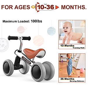 Baby Balance Bike for 1 Year Old Boys Girls Gifts, Baby Bicycle for 10-36 Months, Kids First Bike or Birthday Gift, Riding Toys for Toddlers 4 Silent Wheels No Pedal Bicycle with Steel Frame (Grey)