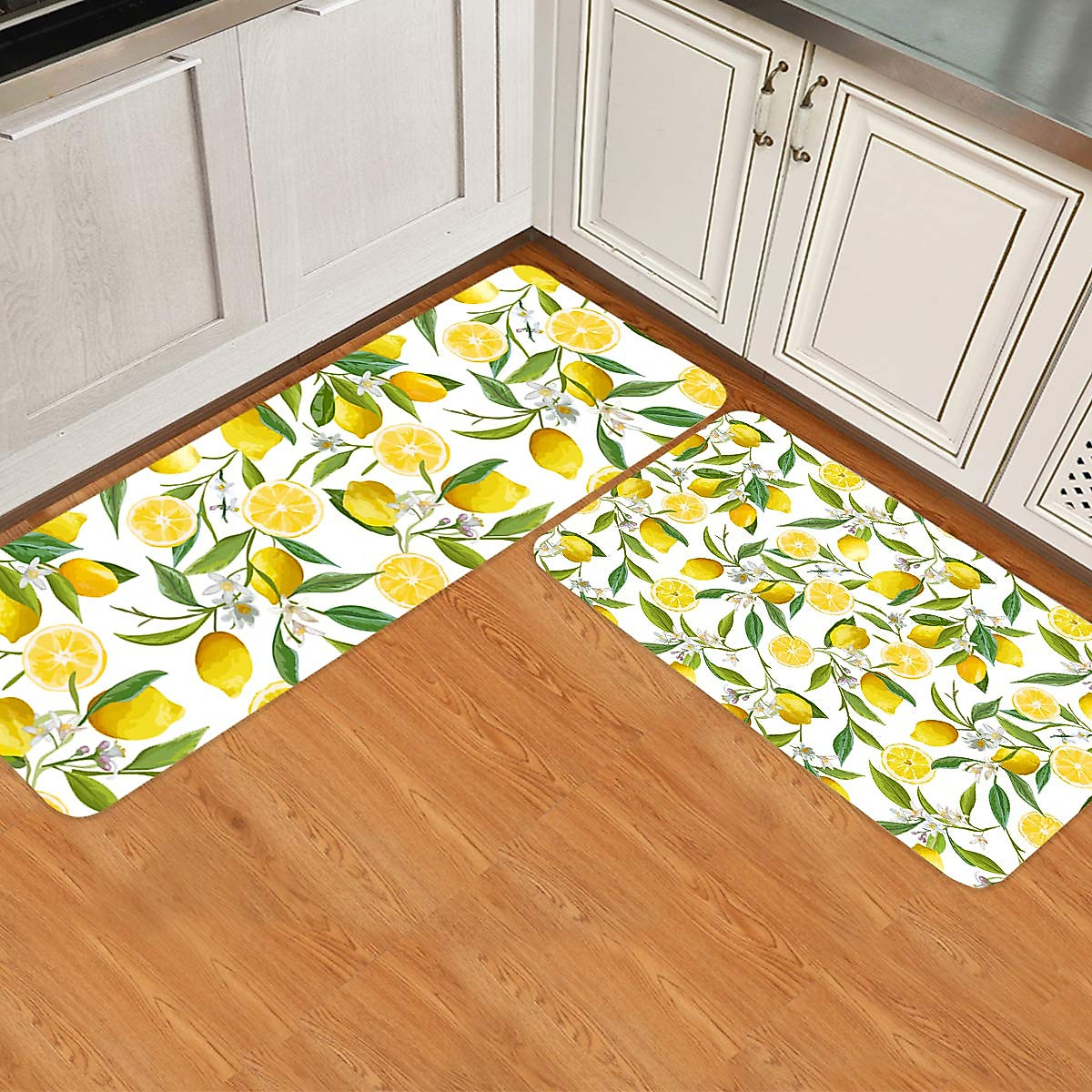 Kitchen Rug Set 2 Pieces Cushioned Kitchen Floor Mats Comfort Soft Standing Doormat, Non Slip Rugs and Runner Summer Fruit Yellow Lemon Floal