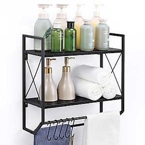 Bath Towel Shelf 2 Tier Towel Rack Wall Mount Towel Holder with Shelf Bathroom Shelves with Towel Bar and Hooks Industrial Wall Shelf Over Toilet for Towel Tissue Storage Organizer, Modern Black