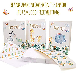 VNS Creations 30 Safari Thank You Cards | Bulk Jungle Animal Thank You Notes with Matching Envelopes & Stickers | Small & Cute Zoo Notecards Perfect for Baby Shower and Kids Birthday.