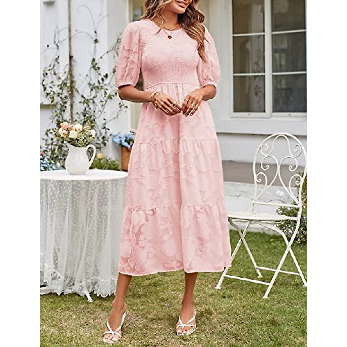 MEROKEETY Summer Dress for Women Elegant Smocked Short Puff Sleeve Floral Solid Midi Maxi Dresses,Pink,S