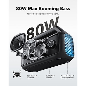 Soundcore Boom 2 Outdoor Speaker, 80W, Subwoofer, BassUp 2.0, 24H Playtime, IPX7 Waterproof, Floatable, RGB Lights, USB-C, Custom EQ, Bluetooth 5.3, Portable for Outdoors, Camping (Renewed)