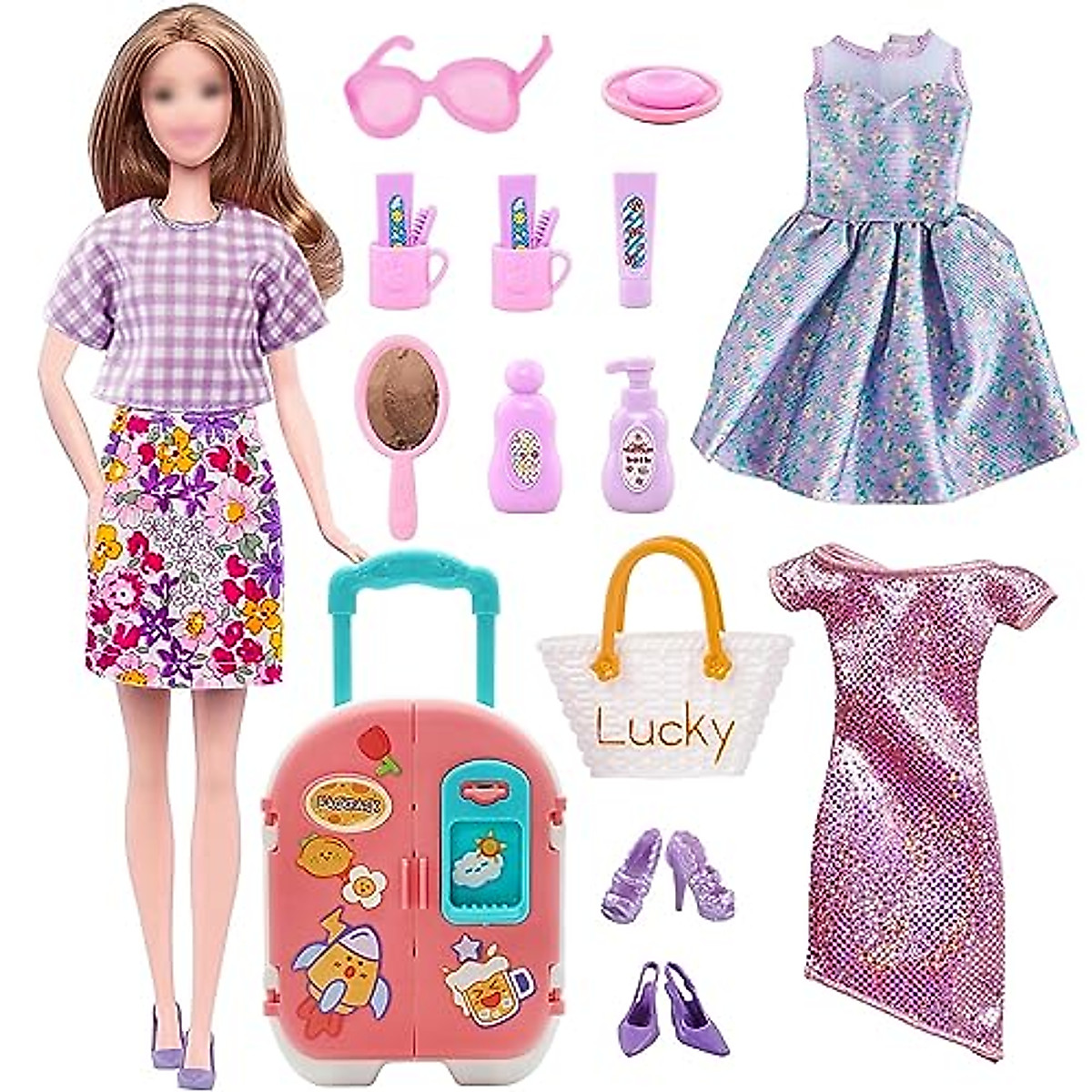 Doll Travel Clothes and Accessories for 11.5 inch Doll Travel Carrier Storage Including Luggage 3 Sets Clothes Sunglasses Handbag Shoes (Doll is Not Included)