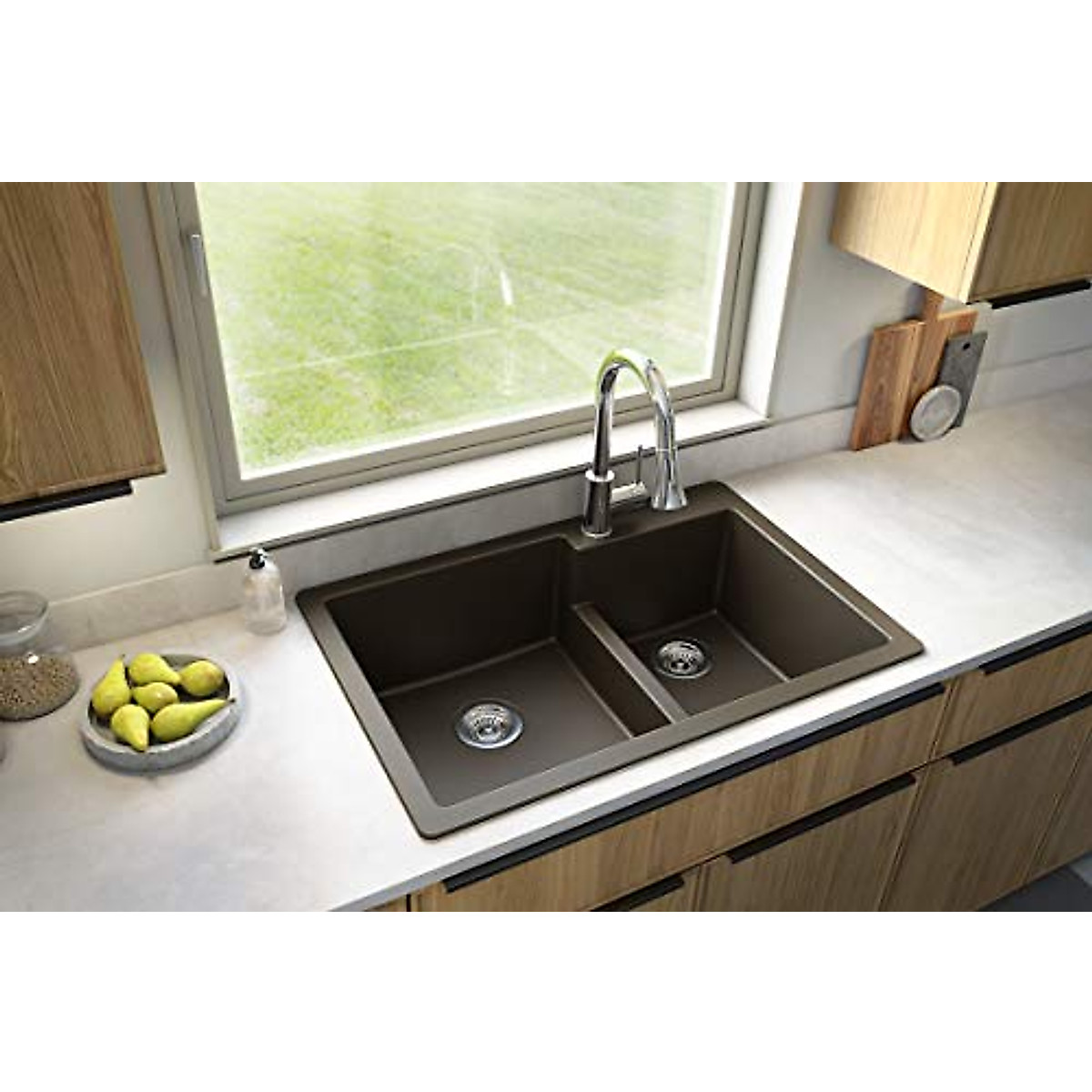 Karran QT-811 33" Top Mount Large/Small Bowl Quartz Kitchen Sink Kit in Brown