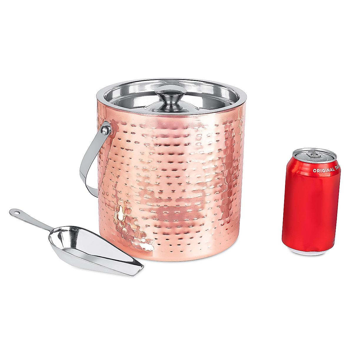 BirdRock Home Ice Bucket with Scoop & Lid - 2.8 Liter Hammered 18/8 Stainless Steel Container for Bar - Double Wall Insulated Bucket with Carrying Handle - Great for Parties - (Copper)