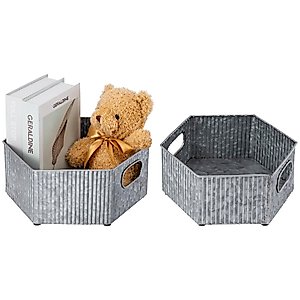 MyGift Rustic Corrugated Galvanized Silver Tone Metal Hexagonal Decorative Baskets, Home Storage Organizer Bins with Nesting Design and Cutout Handles, 2 Piece Set