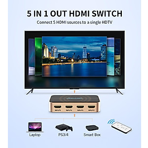 VENTION HDMI Switch 5 in 1 Out 4K@30Hz HDMI Selector Switch with IR Remote HDMI 1.4 HDCP 1.4 Support 4K HD 3D 1080P 2160P HDMI Switch Box for Roku, Apple TV, PS5/4/3, Fire Stick