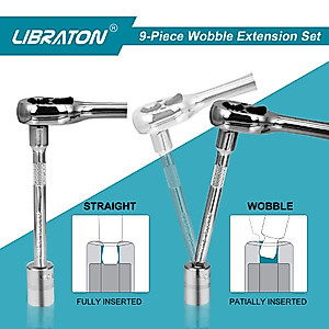 Libraton Wobble Extension Set 1/4'' 3/8'' 1/2'', Wobble Socket Extension, Extension Set, Wobble Socket Extension Set, Drive Socket Extension Bars 9PCs (Cr-V) with Chrome Plated in EVA Storage Tray
