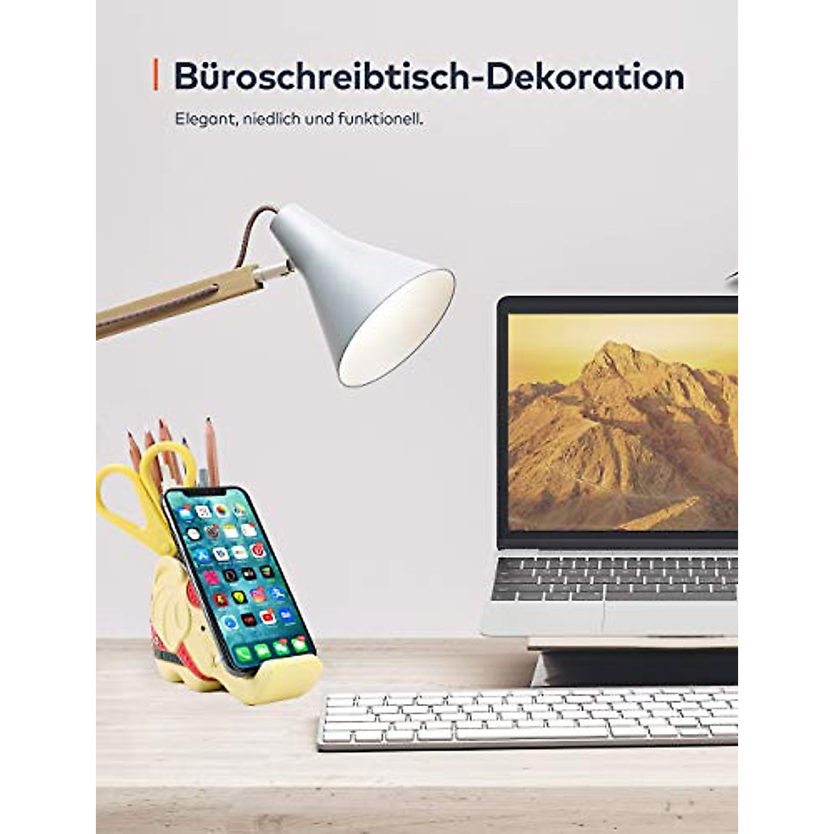 AhfuLife Elephant Pencil Holder with Phone Stand, Resin Carving Elephant Gifts for Women, Multifunctional Pen Pot Office Desk Decoration Stationery Supplies Organizer