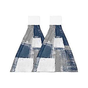 Hand Tie Towel Set of 2,Blue White Gray Oil Painting Hanging Kitchen Towels with Loop, Absorbent Tea Bar Dish Towel Fast Drying Towels for Bathroom,Geometric Gradient Abstract Art