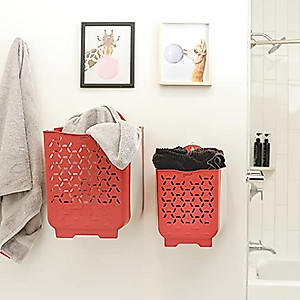 Foldable Plastic Laundry Baskets. Wall Hanging Storage Basket. Multi-function Storage Container Waterproof Durable for Bedroom and Bathroom (M&L, Red)
