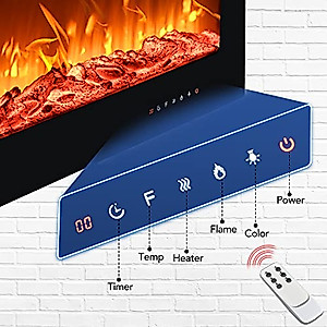 E EUHOMY 50-inch Electric Fireplace, Recessed and Wall Mounted Fireplace Heater, Adjustable Brightness, Multiple Colors, Dual Control Remote and Touch Screen, Indoor Heater with Timer, 750W/1500W