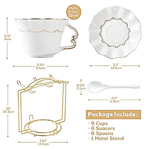 DUJUST Tea Cups and Saucers Set of 6 (8.5 OZ), Luxury Tea Cup Set with Golden Trim, Relief Printing Coffee Cups with Metal Stand, British Royal Porcelain Tea Party Set - White