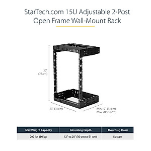 StarTech.com 2-Post 15U Heavy-Duty Wall Mount Network Rack, 19" Open Frame Server Rack with Adjustable Depth, Wall Mount Data Rack for IT / AV / Patch Panel / Computer Equipment (RK15WALLOA)