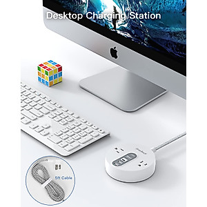 Power Strip Surge Protector with USB C - Extension Cord Flat Plug with 2 Widely AC Outlet and 3 USB, Small Desktop Charging Station with 5 ft Power Cord, Compact for Travel, Home and Office (490J)