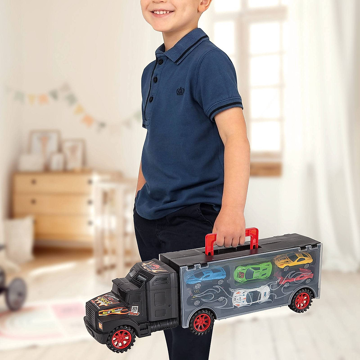 Abincee Toddler Toys for 3-5 Year Old Boys,Toy Truck Carrier with 12 Die-cast Vehicles Toy Cars and 2 Race Tracks,Gift for Kids Age 3 4 5 6 7