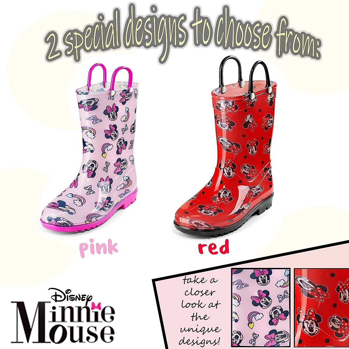 Disney Minnie Mouse Girls Pink PVC Rainboots - Easy-On Handle - Size 9 Toddler