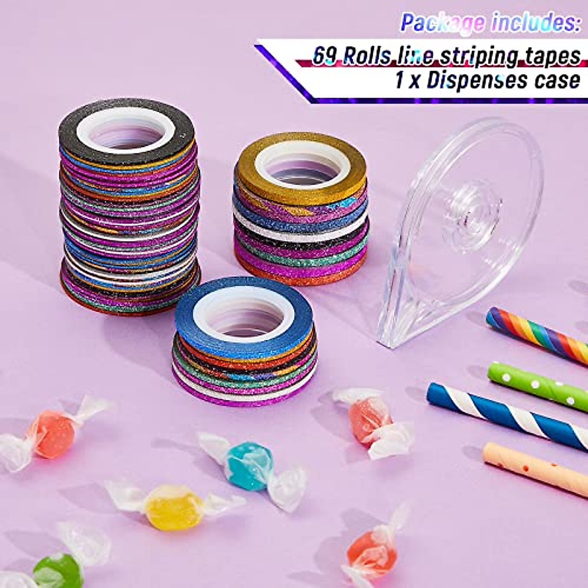 69 Rolls Line Striping Tape for Tumblers Making Holographic Pinstripe Decals for Tumblers Self Adhesive Tape with Dispenser Case for DIY Tumblers Nail Decoration Crafts (Gitter, 1 mm, 2 mm,3 mm)