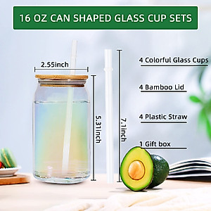 4 Pack Glass Cups with Bamboo Lids and Straws, 16 oz Iced Coffee Cup, Iridescent Drinking Glasses, Beer Glasses, Cute Tumbler Cup, Glass Cups for Valentines Day Gift Cocktail, Party Favors, Juice