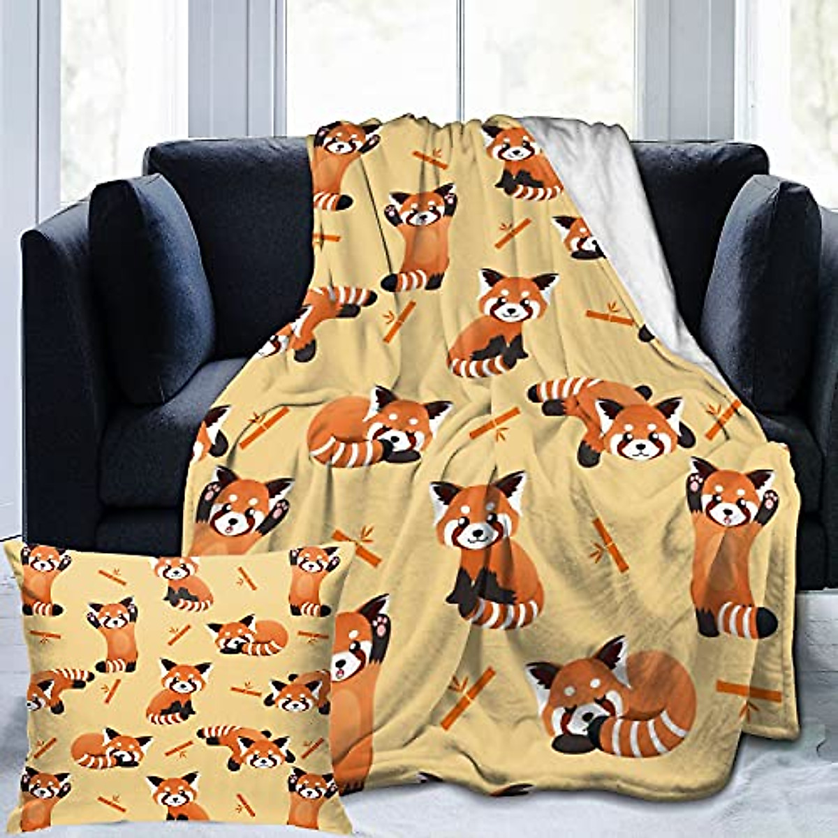 PAVQWEJ Flannel Fleece Throw Blanket,Cute Red Panda and Bamboo Home Decor Perfect for Bed and Sofa Blankets with Pillowcase Cover（18"x 18"） for All Season Microfiber Durable Couch Blankets（50"x 40"）