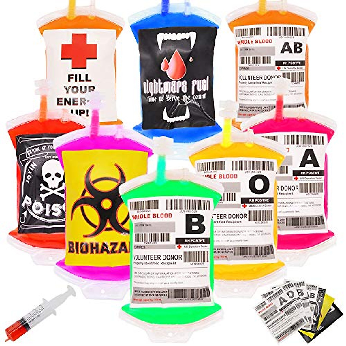 Blood Bag Drink Pouches; 12 FL Oz IV Bags with Labels and Clips for Halloween Vampire, Zombie, Nurse Graduation, Hospital Theme Party Favors, Props Decor